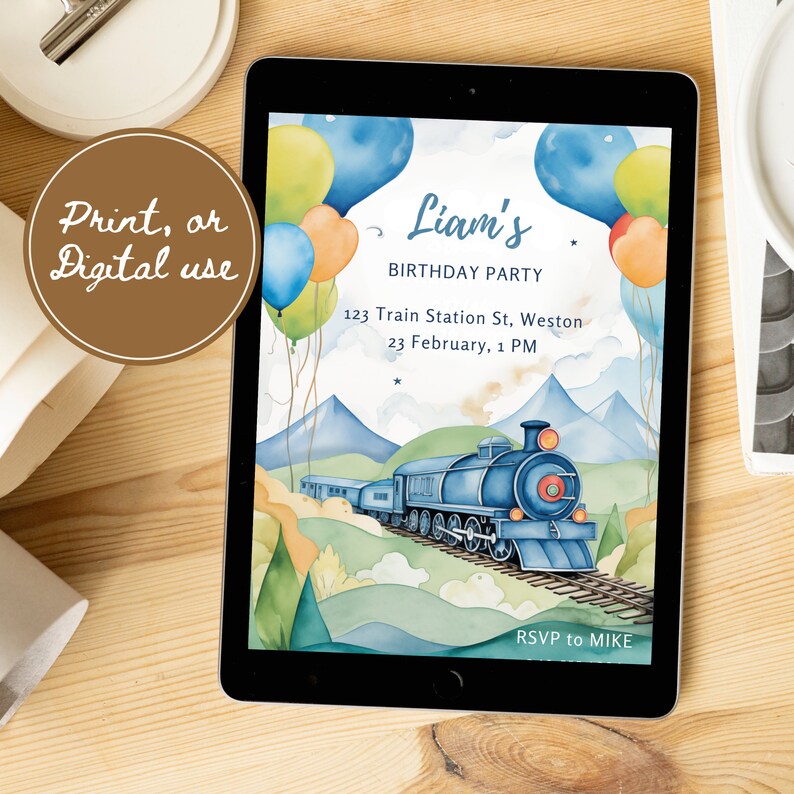 Watercolor Train Theme Birthday Party Invite, Chugga Train Invite ...
