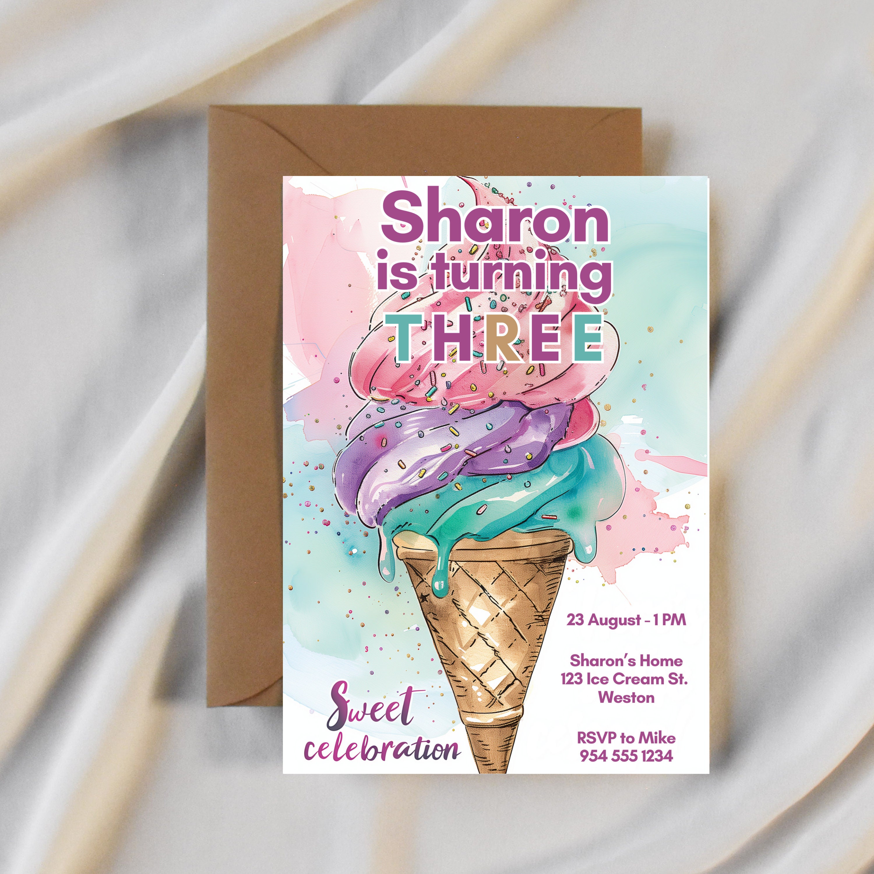 Editable Ice Cream Birthday Invitation, Birthday Party Invitation Card ...