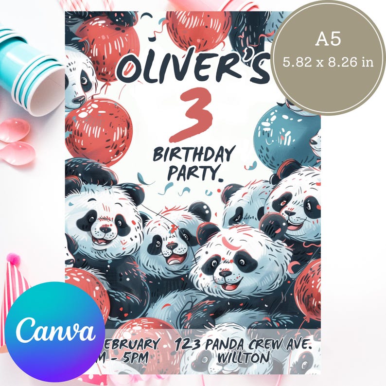Editable Panda Birthday Invitation, Cute Panda Theme Party Invite ...