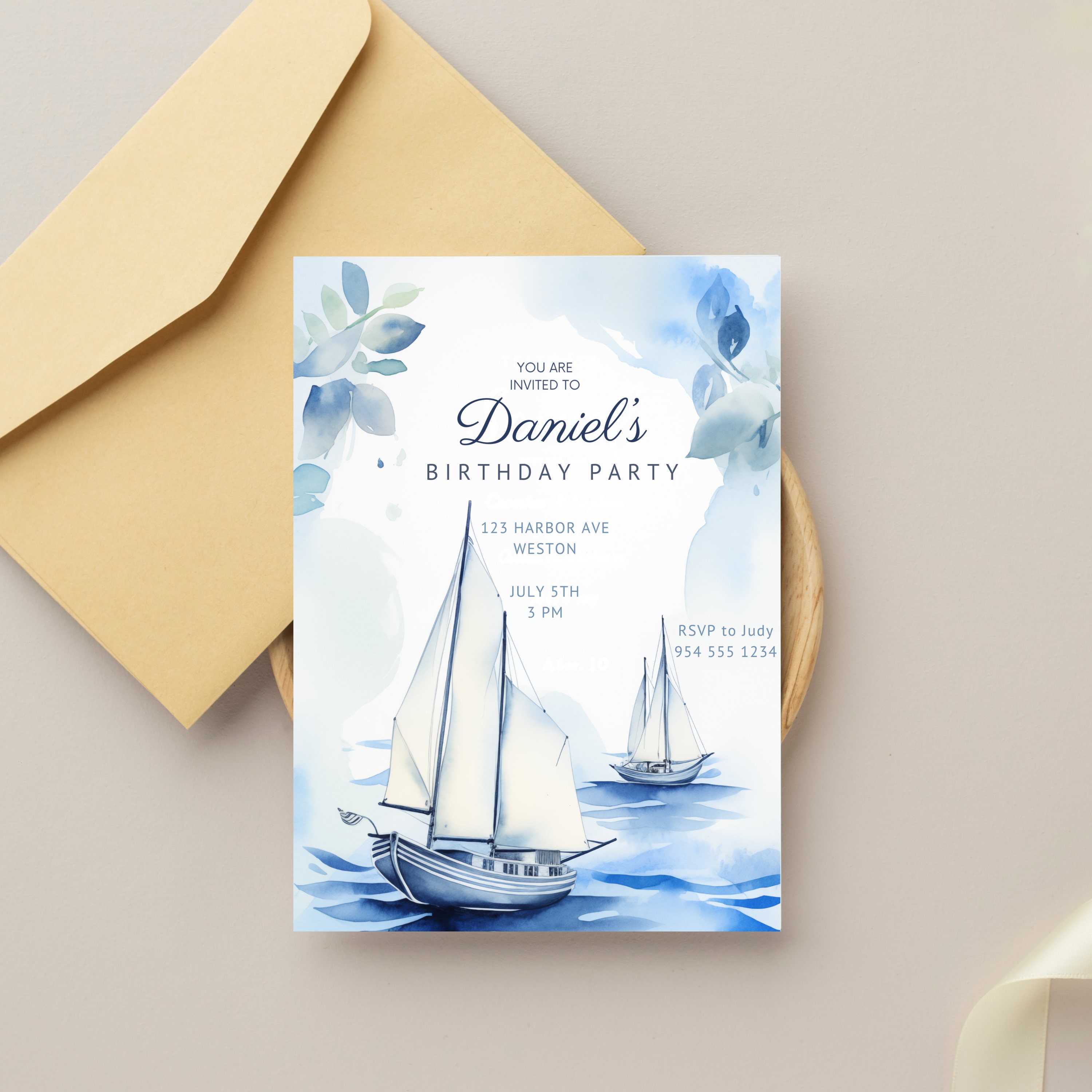 Whimsical Watercolor Boat Theme Invitation for Birthday Party, Yacht ...