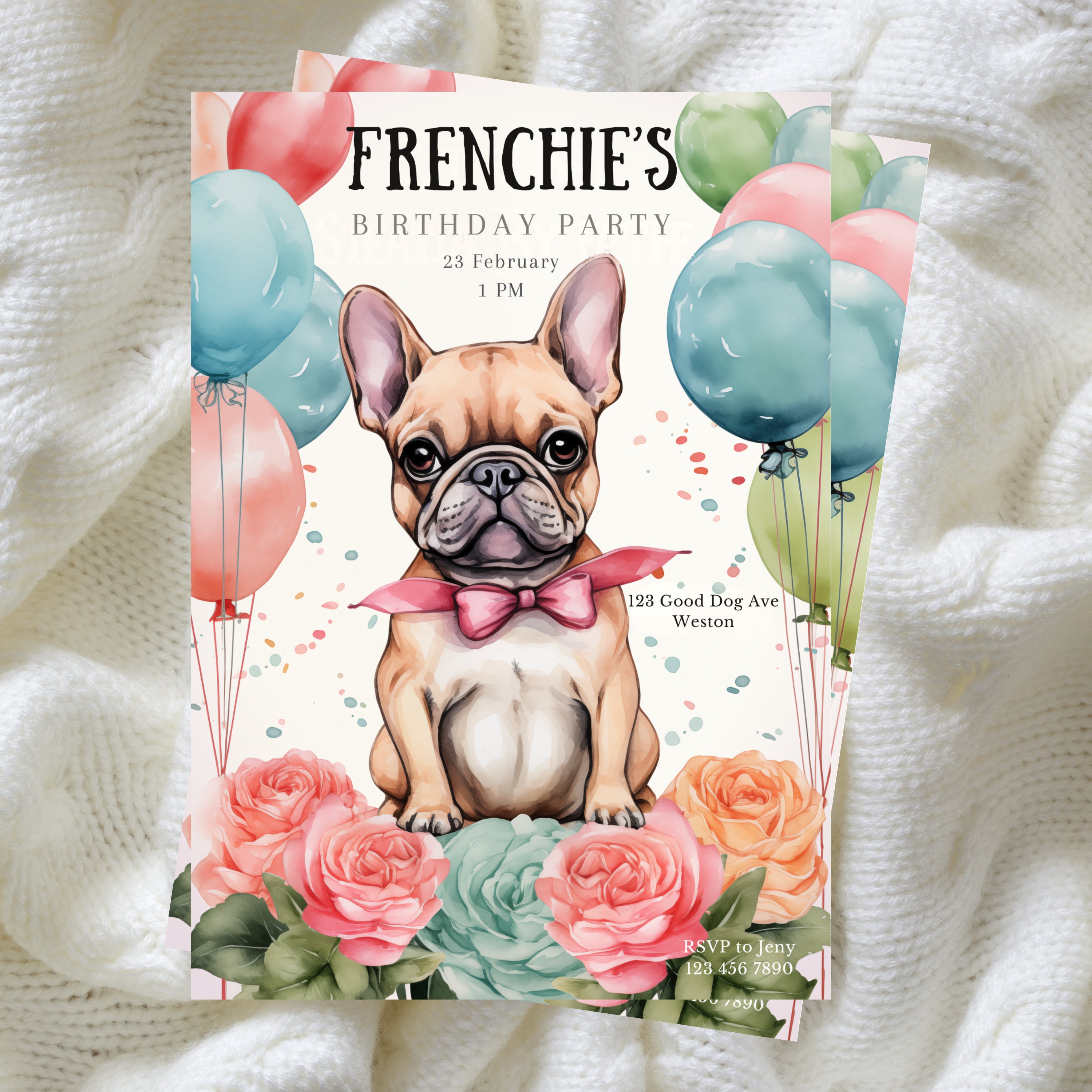 French Bulldog Birthday Invitation Card, Cute Dog Birthday Card, Dog ...