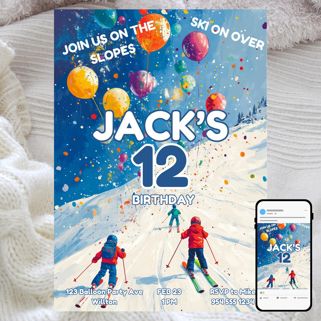 Skiing Birthday Invitation: Kids Party, Balloons (digital Template) - Etsy