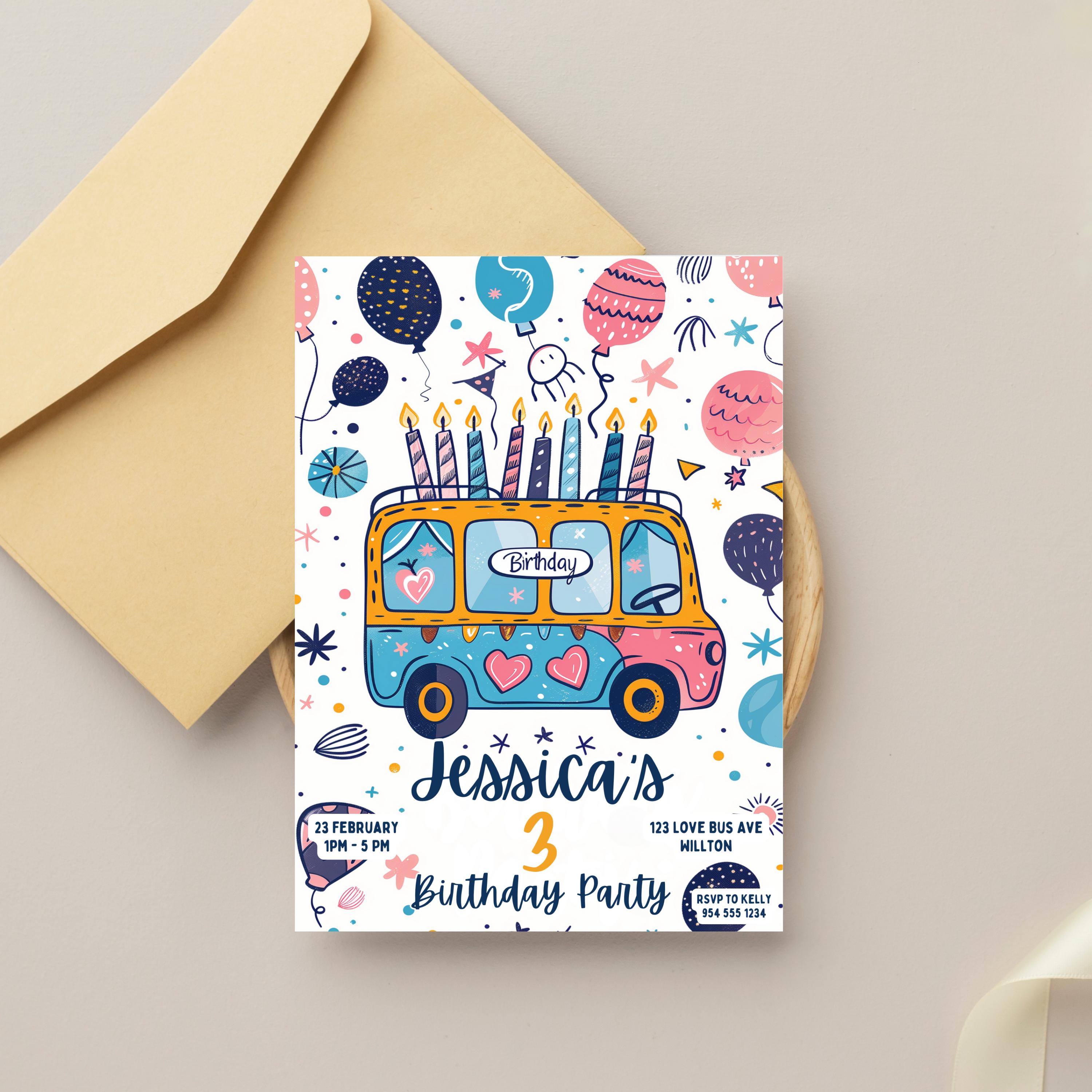 Cute Cartoon Bus Birthday Invitation, Editable School Bus Party Invite ...