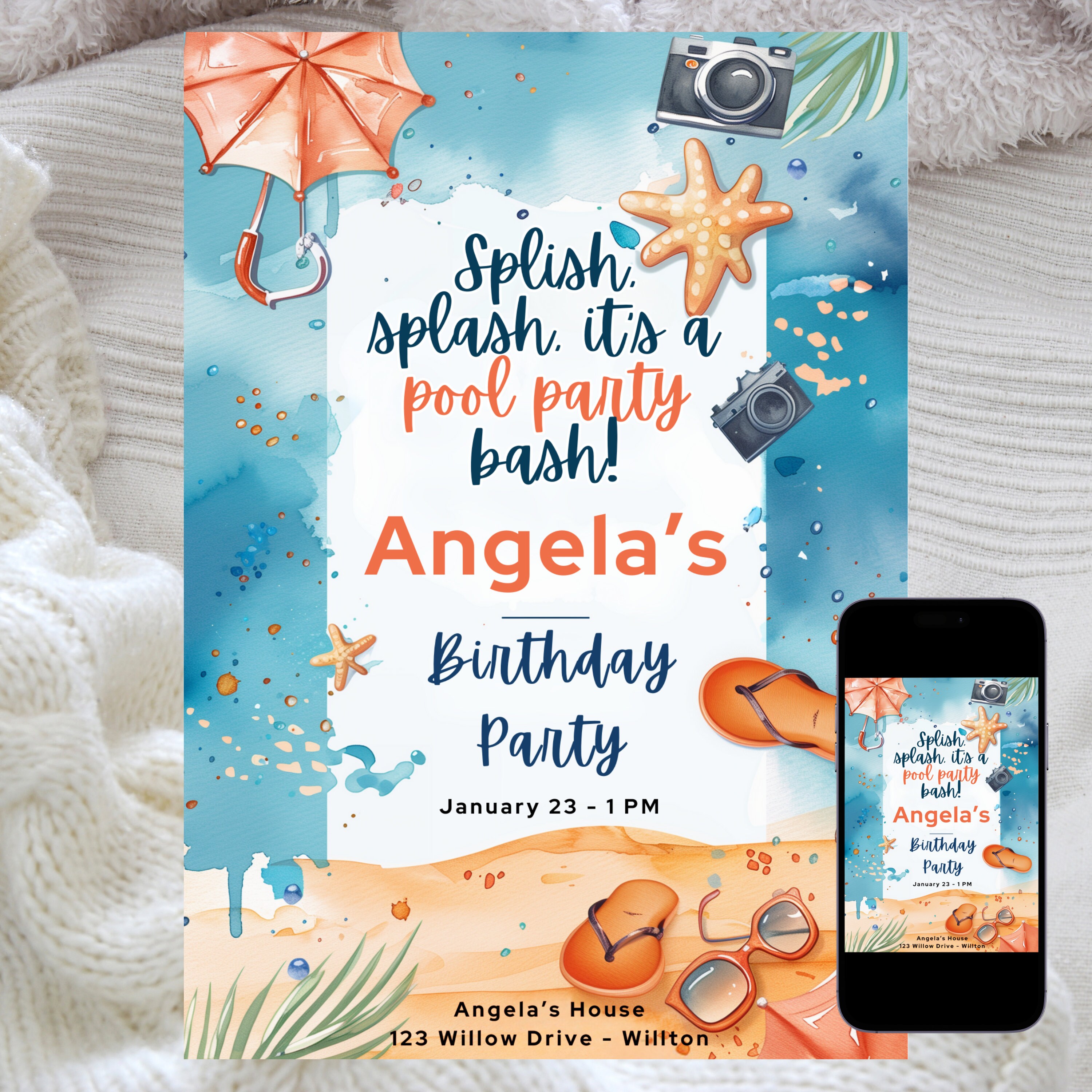 Pool Party Birthday Invitation, Editable Watercolor Tropical Party ...