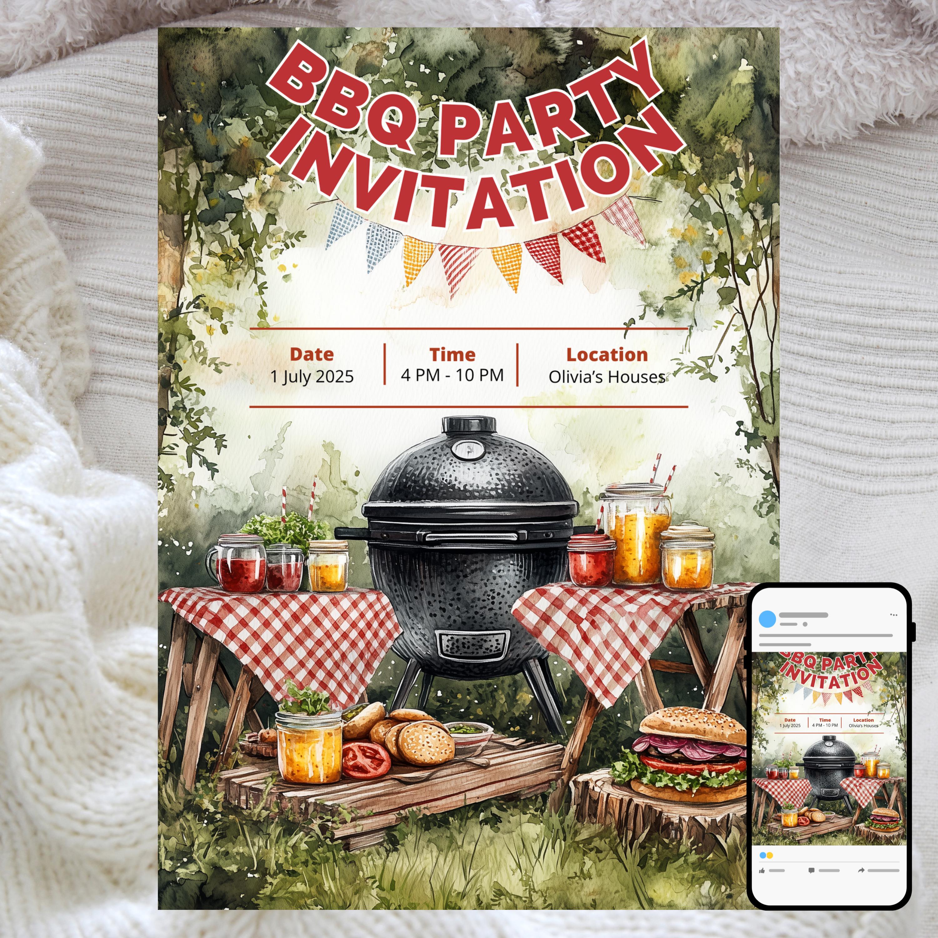 BBQ Party Invitation, Summer Cookout Invite, Rustic Backyard BBQ Design ...