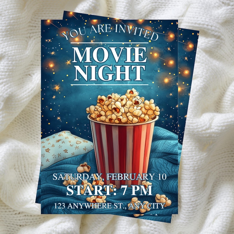 Movie Night Invitation, Outdoor Cinema Party, Cozy Movie Theme, Popcorn ...