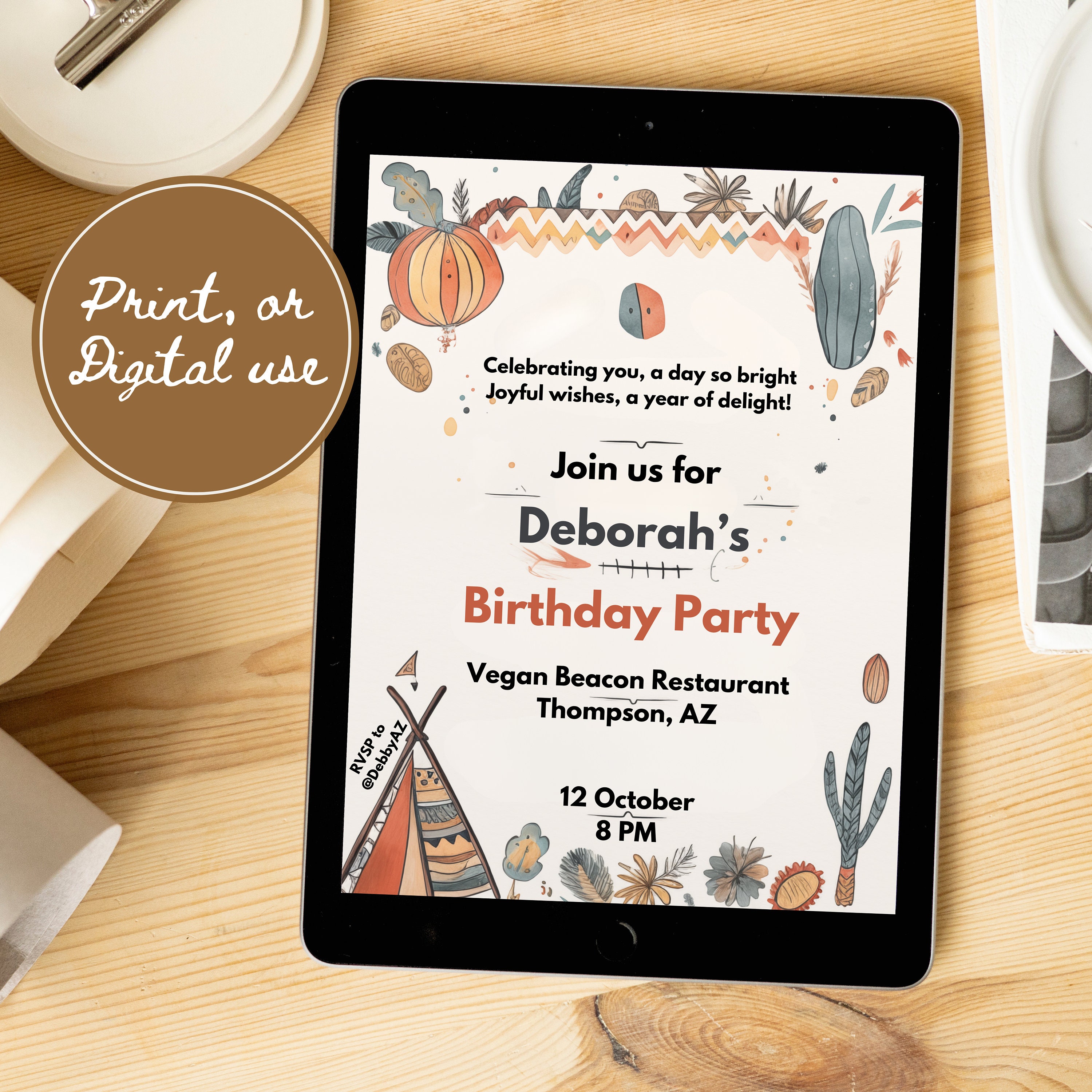 Editable Native American Birthday Invitation, Neutral Colours Printable ...