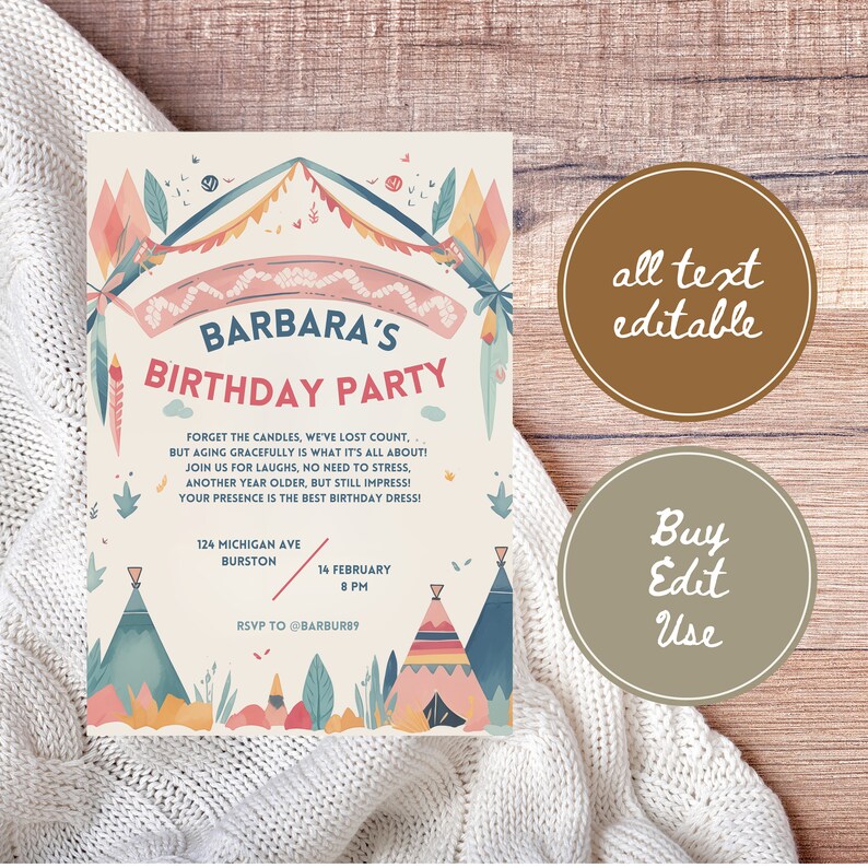 Editable Boho Birthday Invitation: Neutral Colors, Canva Template ...