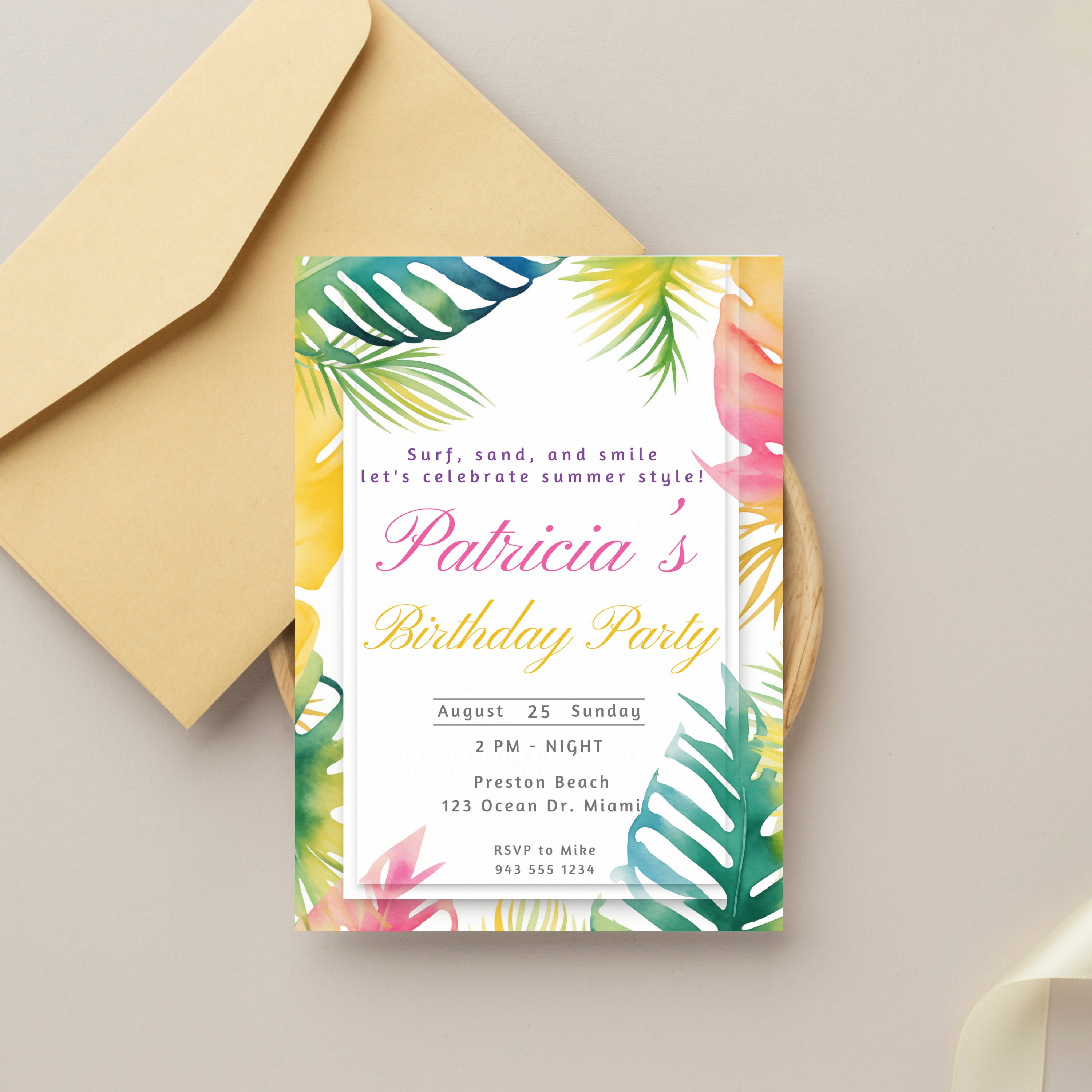 Editable Tropical Summer Birthday Invitation, Watercolor Palm Leaves ...