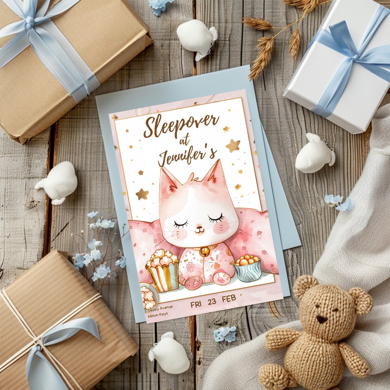 Editable Slumber Party Invitation: Pink Cat Sleepover (digital Download ...