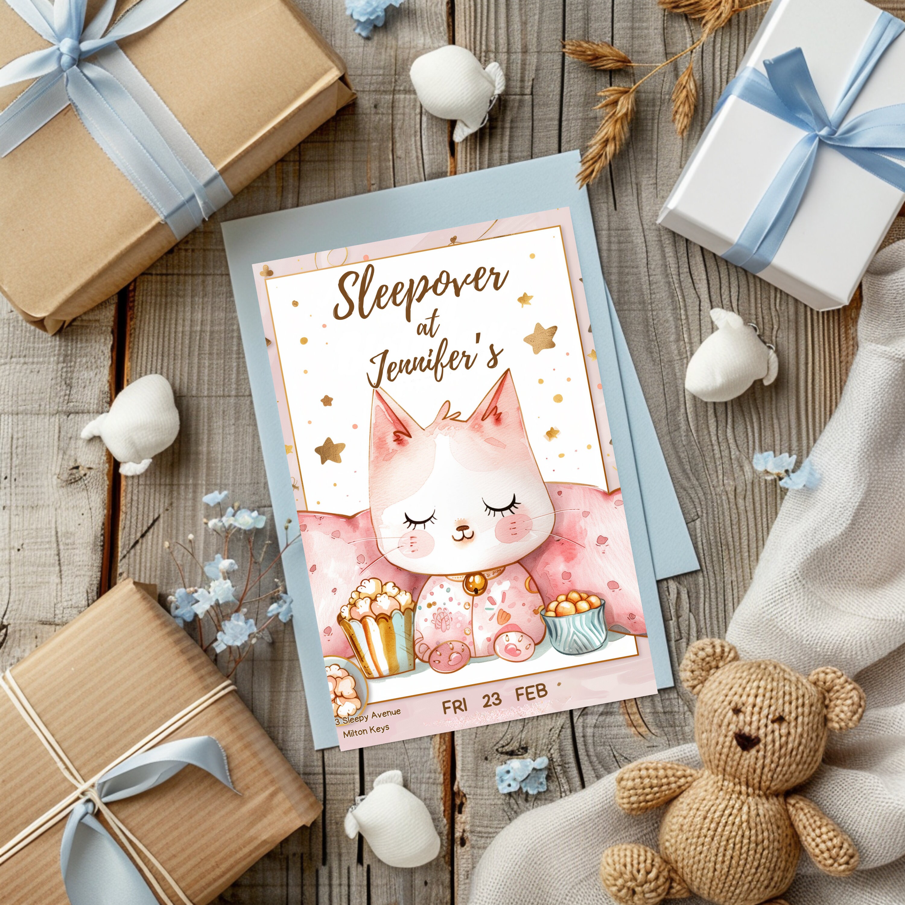 Editable Slumber Party Invitation: Pink Cat Sleepover (digital Download ...