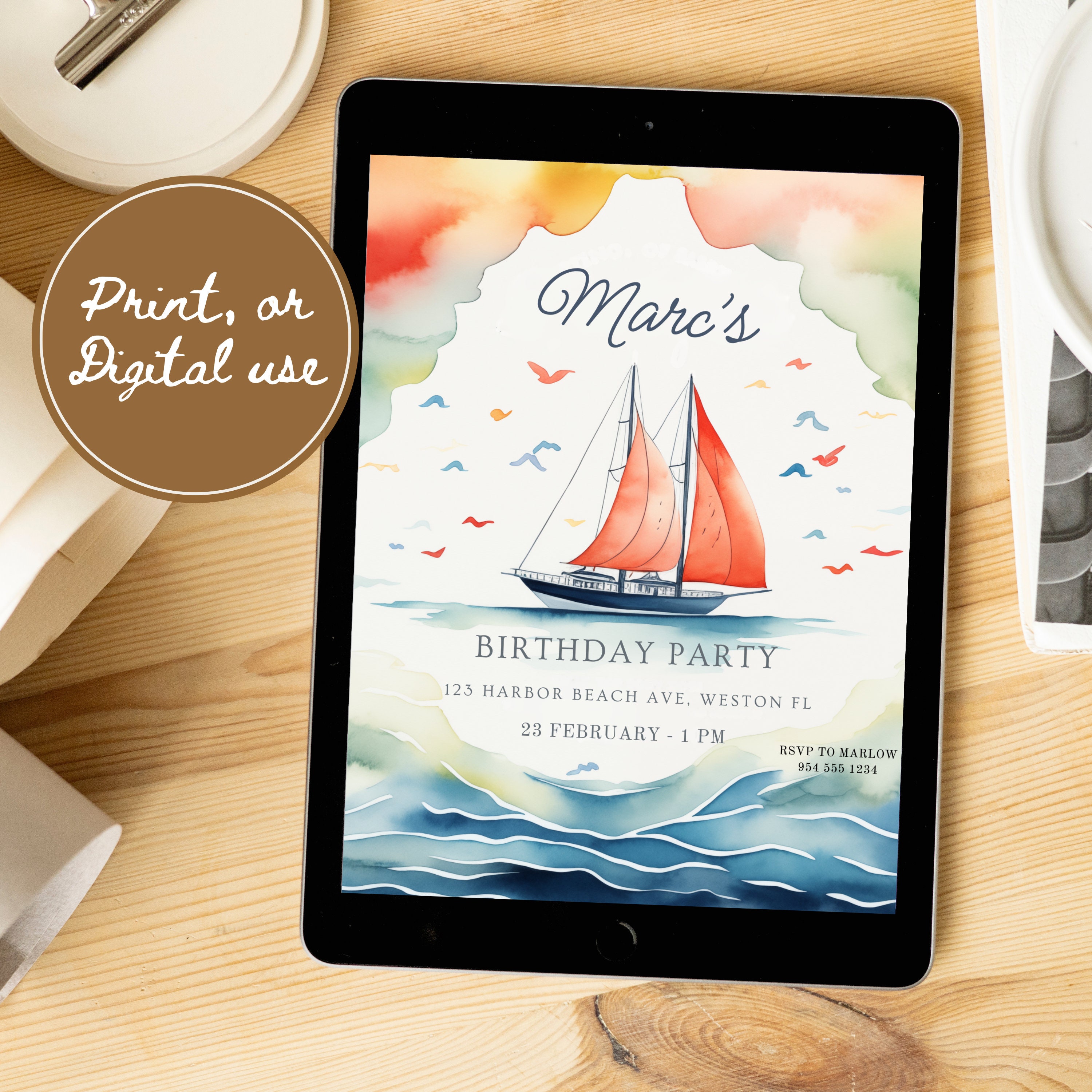 Personalized Watercolor Boat Birthday Invitation Template, Party at Sea ...
