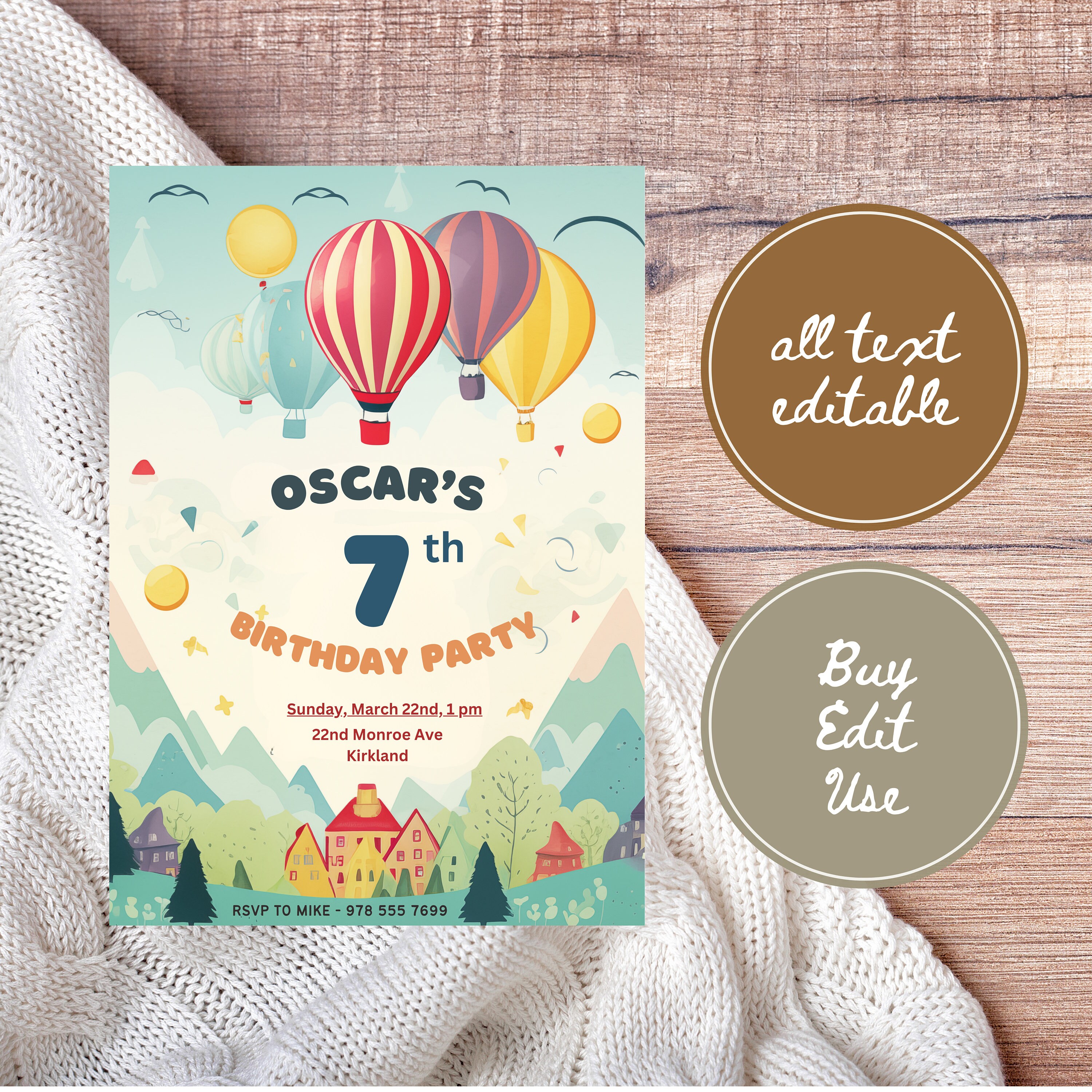 Editable Hot Air Balloon Birthday Invitation Template (digital Download ...