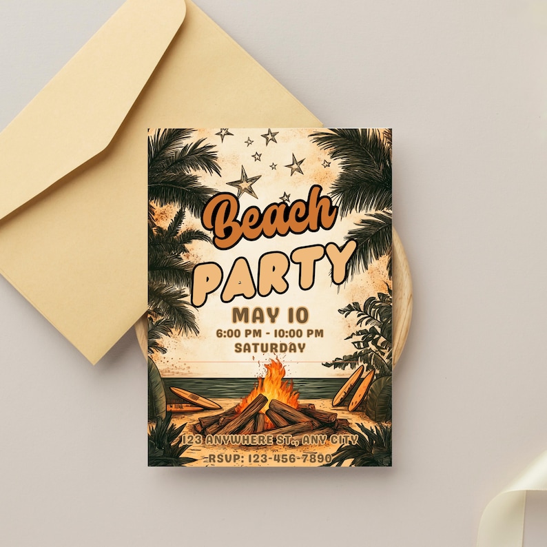 Tropical Bonfire Beach Party Invitation: Editable Surfboard Template ...