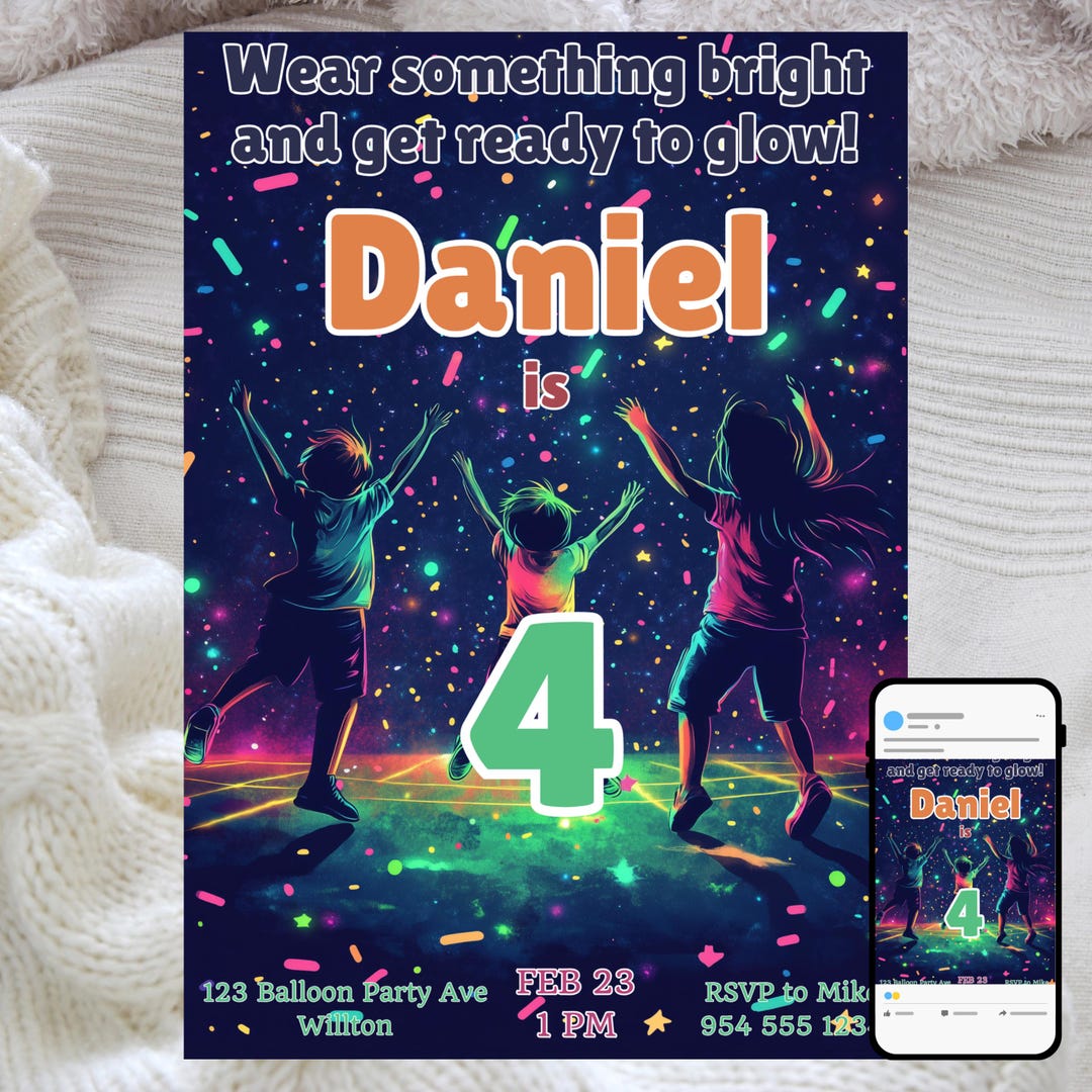 Neon Glow Party Birthday Invitation: Editable Blacklight Template ...