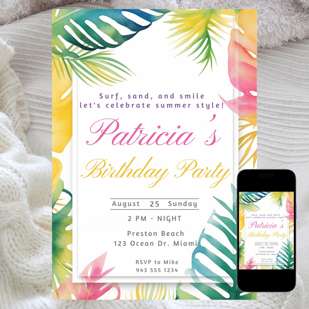 Editable Tropical Summer Birthday Invitation, Watercolor Palm Leaves ...