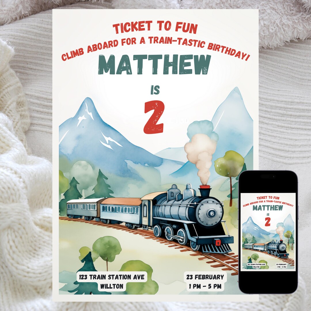 Watercolor Train Birthday Invitation, Editable Locomotive Party Invite ...