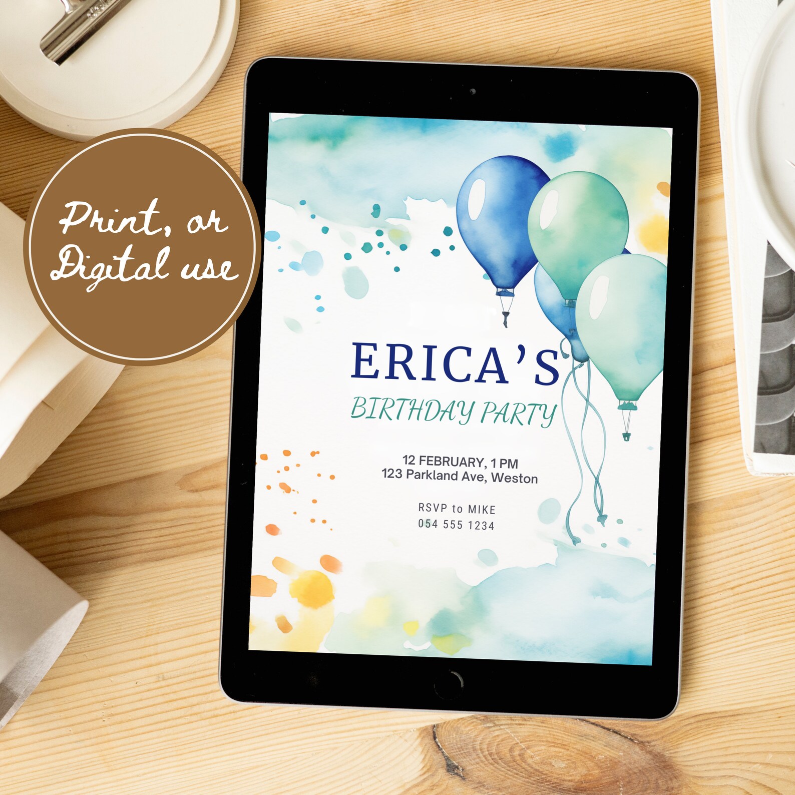 Balloon Birthday Invitation Template, Watercolor Birthday Invite, First ...