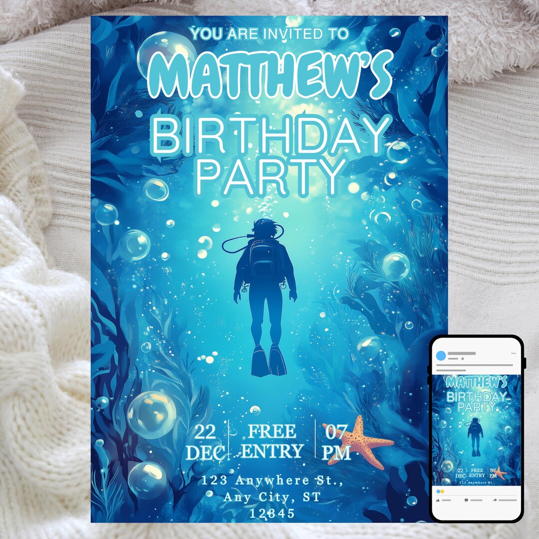 Deep Sea Diver Birthday Invitation: Underwater Adventure (editable ...