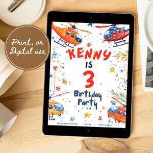 Editable Kids Helicopter Birthday Party Invitation, Fly High ...