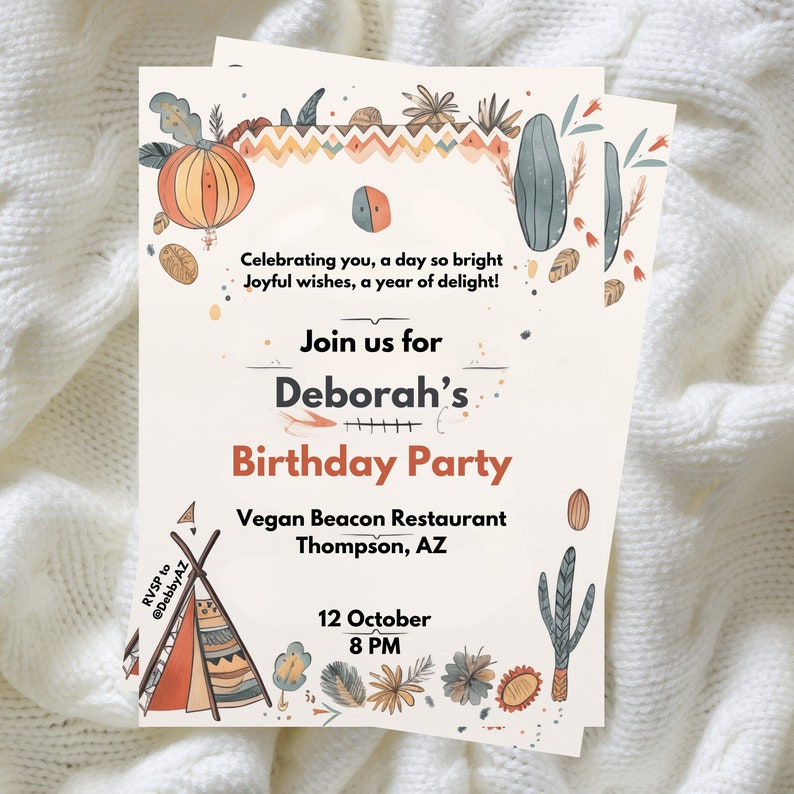 Editable Native American Birthday Invitation, Neutral Colours Printable ...