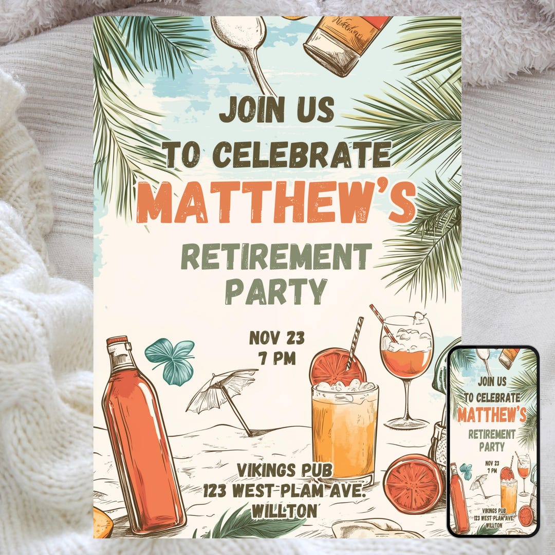 Tropical Retirement Party Invitation: Beach Drinks, Editable Template ...