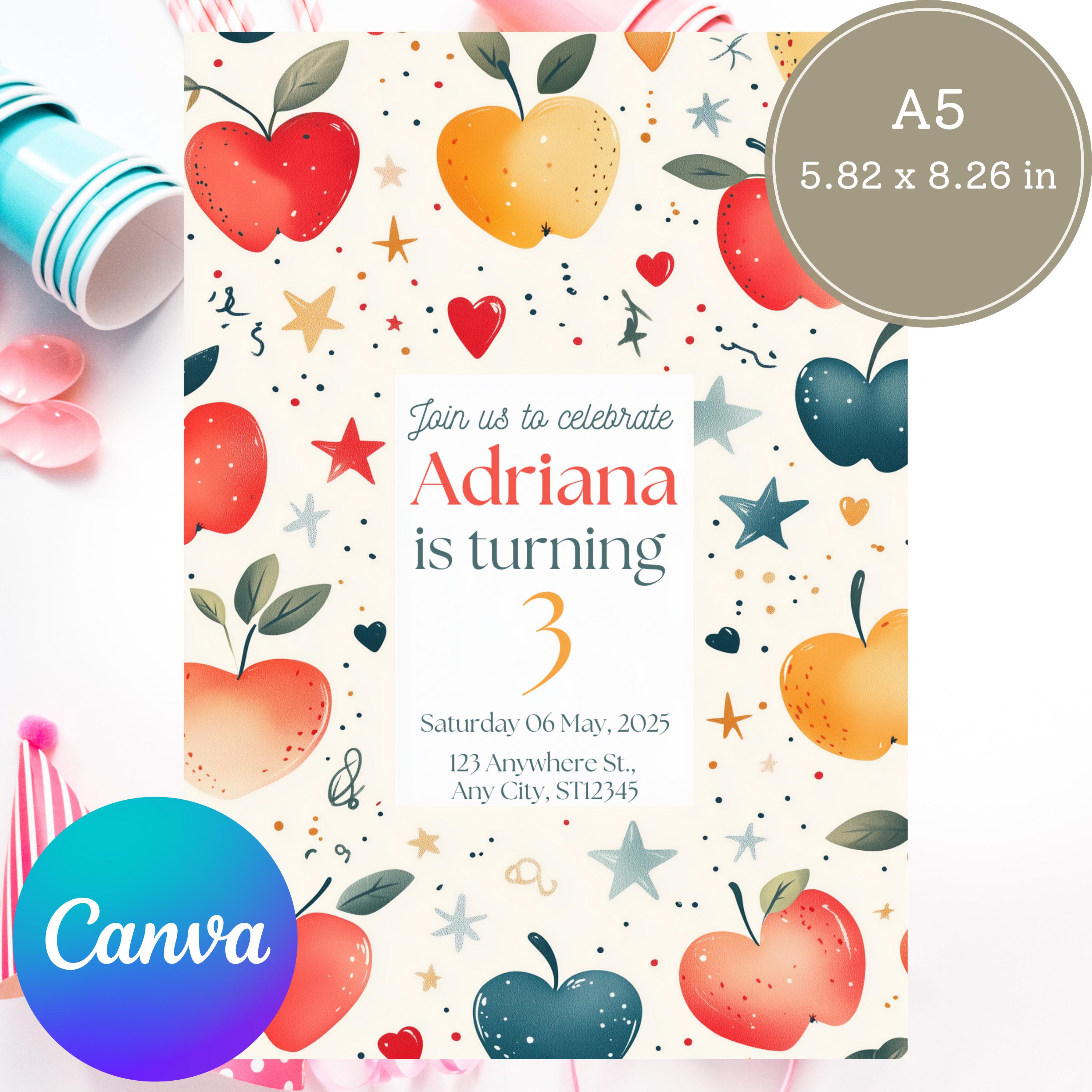 Apple Party Invitation, Kids Birthday Template, Fruit Theme Design ...