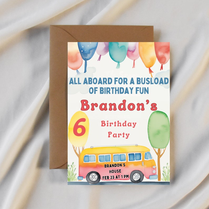 Watercolor Bus Birthday Invitation: Editable Transport Party (digital ...