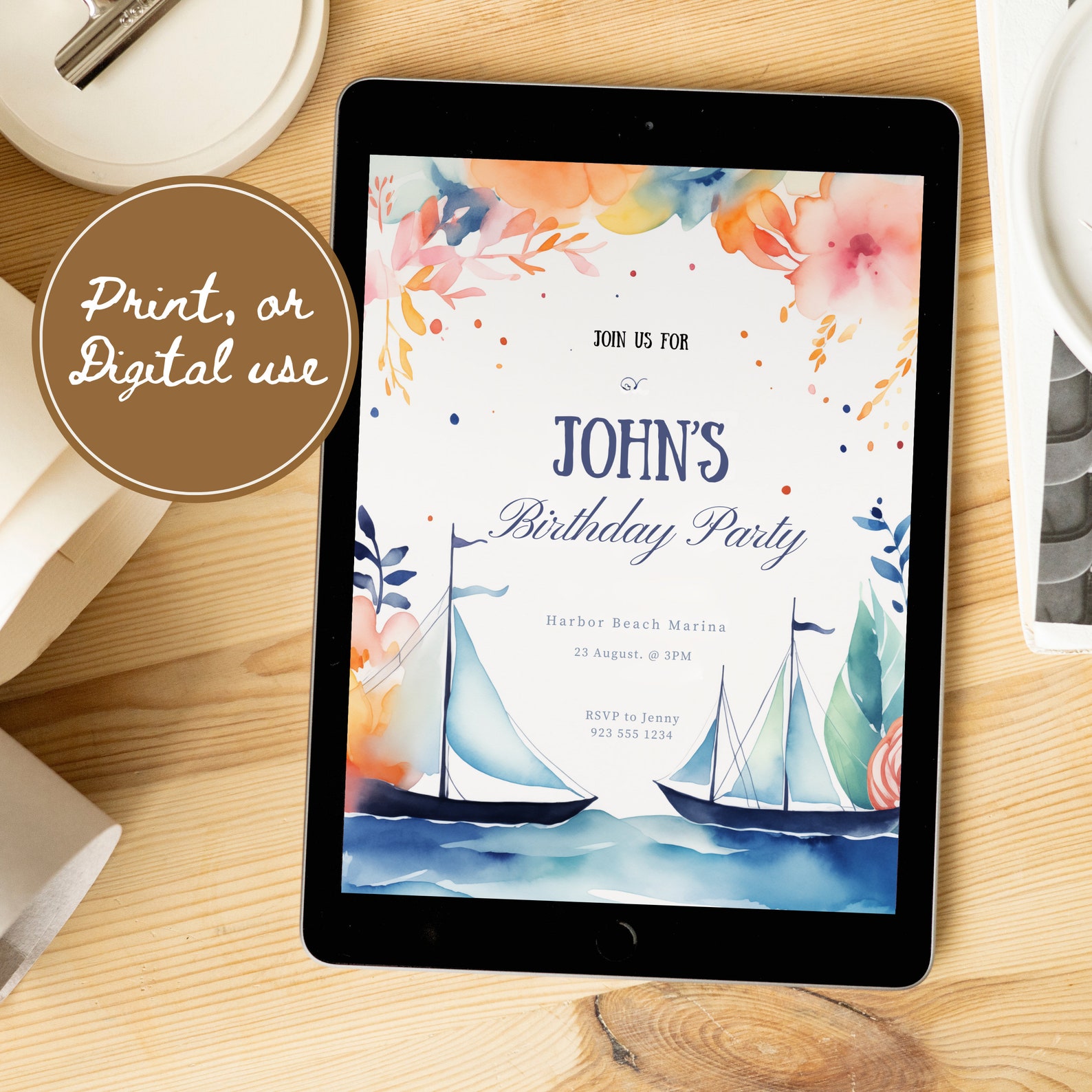 Nautical Watercolor Boat Birthday Party Invitation, Yacht Party ...