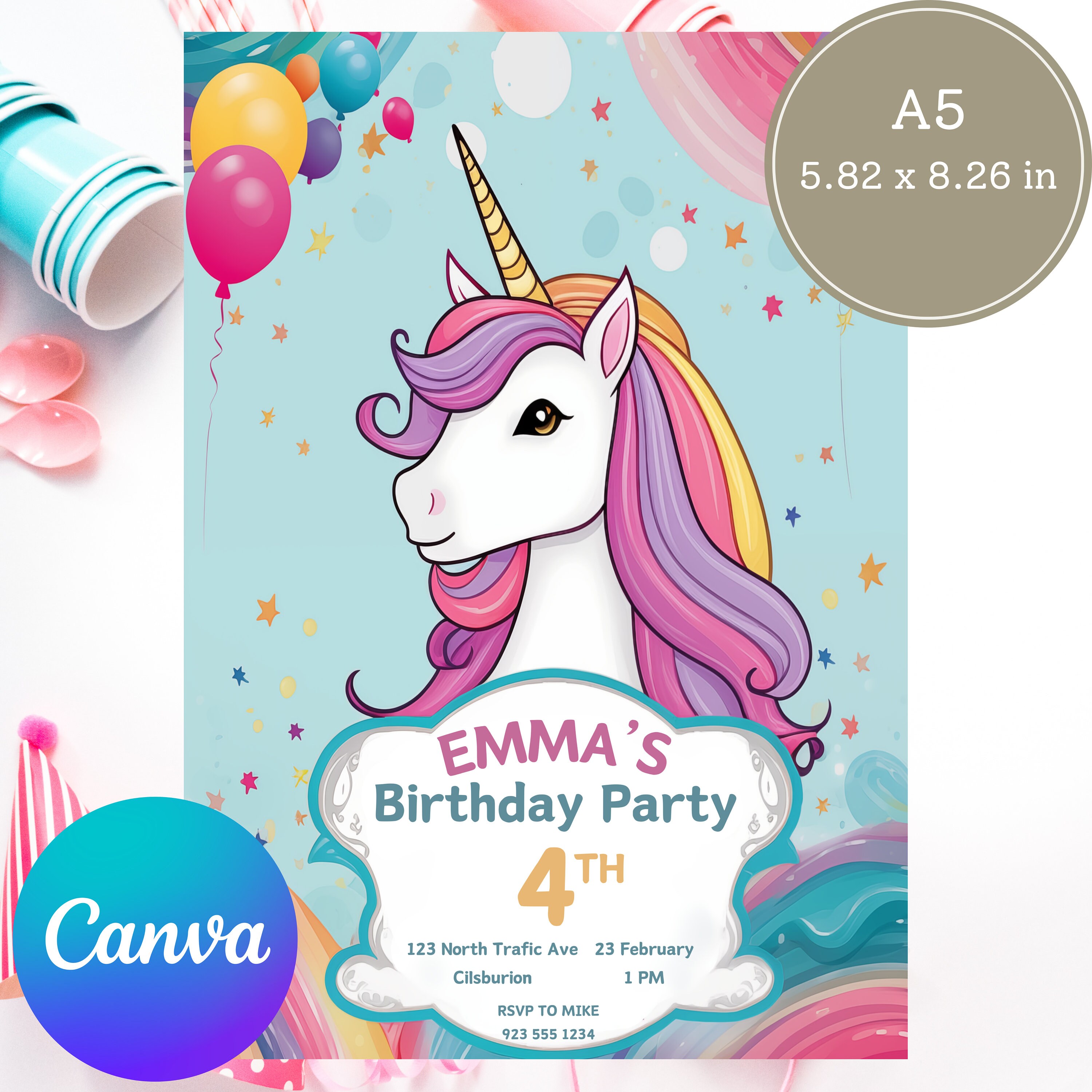 Editable Unicorn Birthday Party Invitation, Unicorn Birthday Invite ...