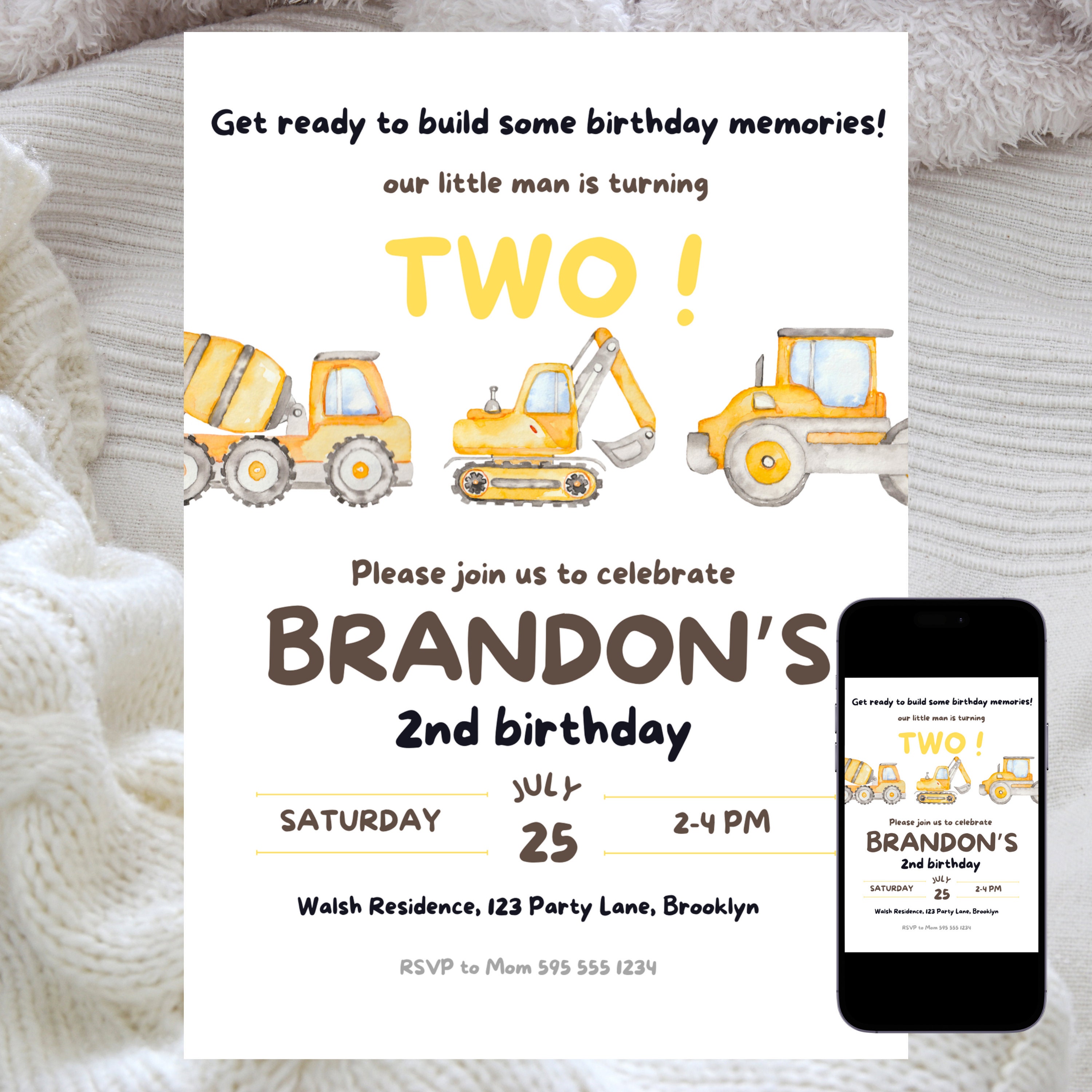 Construction Birthday Invite, Editable Excavator Birthday Party ...