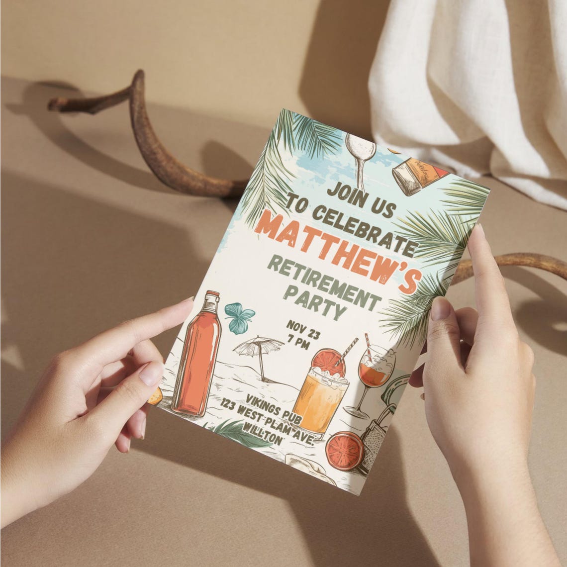 Tropical Retirement Party Invitation: Beach Drinks, Editable Template ...