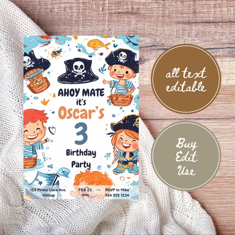 Editable Pirate Birthday Invitation, Ahoy Matey Party Invite, Treasure ...