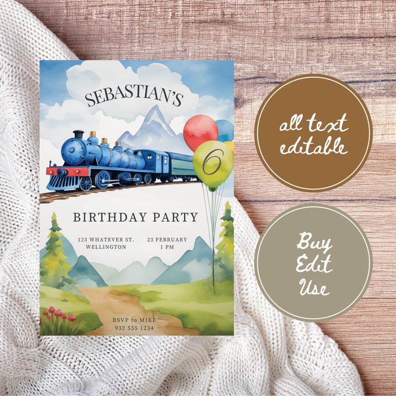Vintage Watercolor Train Birthday Invitation Template, Chugga Train ...