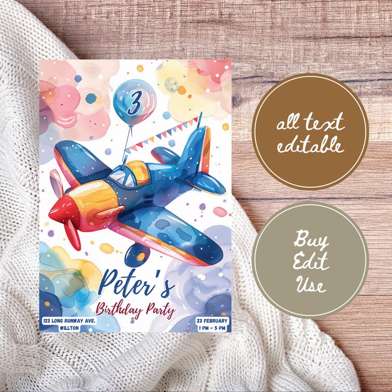 Editable Plane Birthday Invitation, Little Pilot Party Invite, Airplane ...