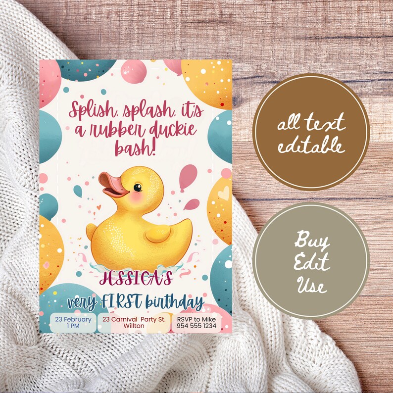 Editable Rubber Duckie Birthday Invitation, Cute Duck Party Invite ...