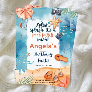 Pool Party Birthday Invitation, Editable Watercolor Tropical Party ...