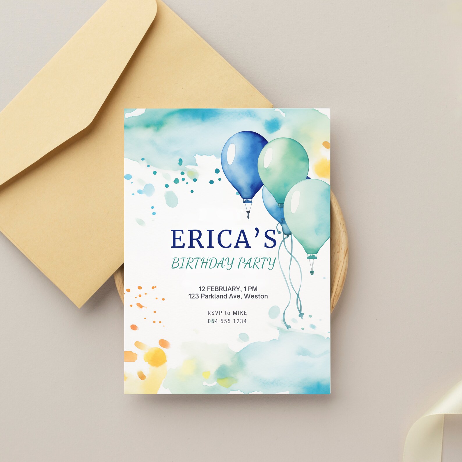 Balloon Birthday Invitation Template, Watercolor Birthday Invite, First ...