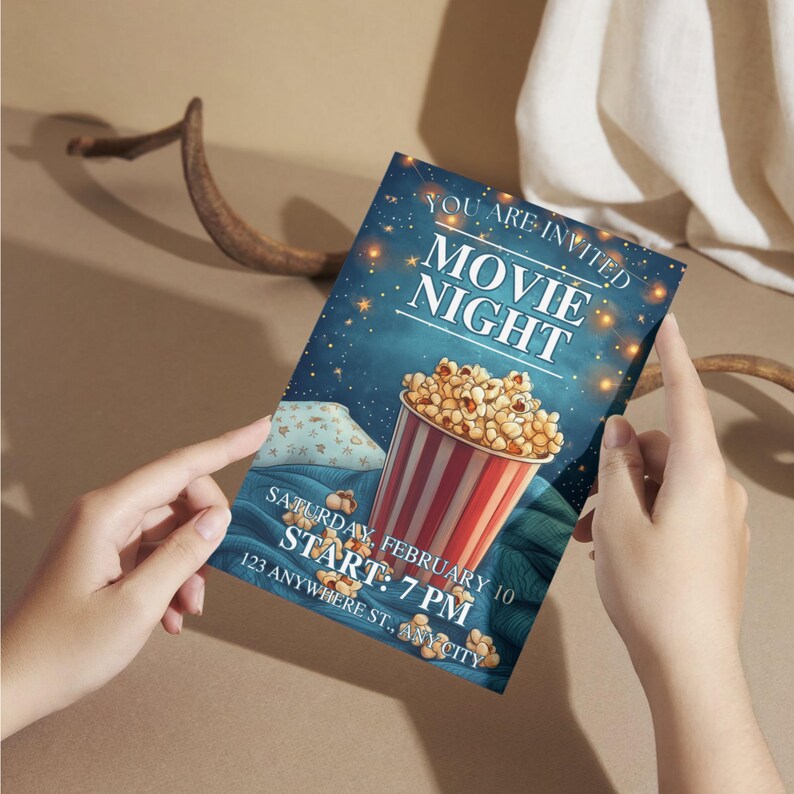 Movie Night Invitation, Outdoor Cinema Party, Cozy Movie Theme, Popcorn ...
