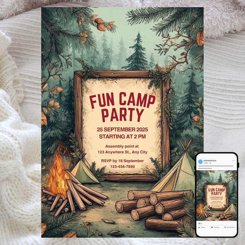 Fun Camp Party Invitation, Forest Adventure Theme, Tent and Campfire ...