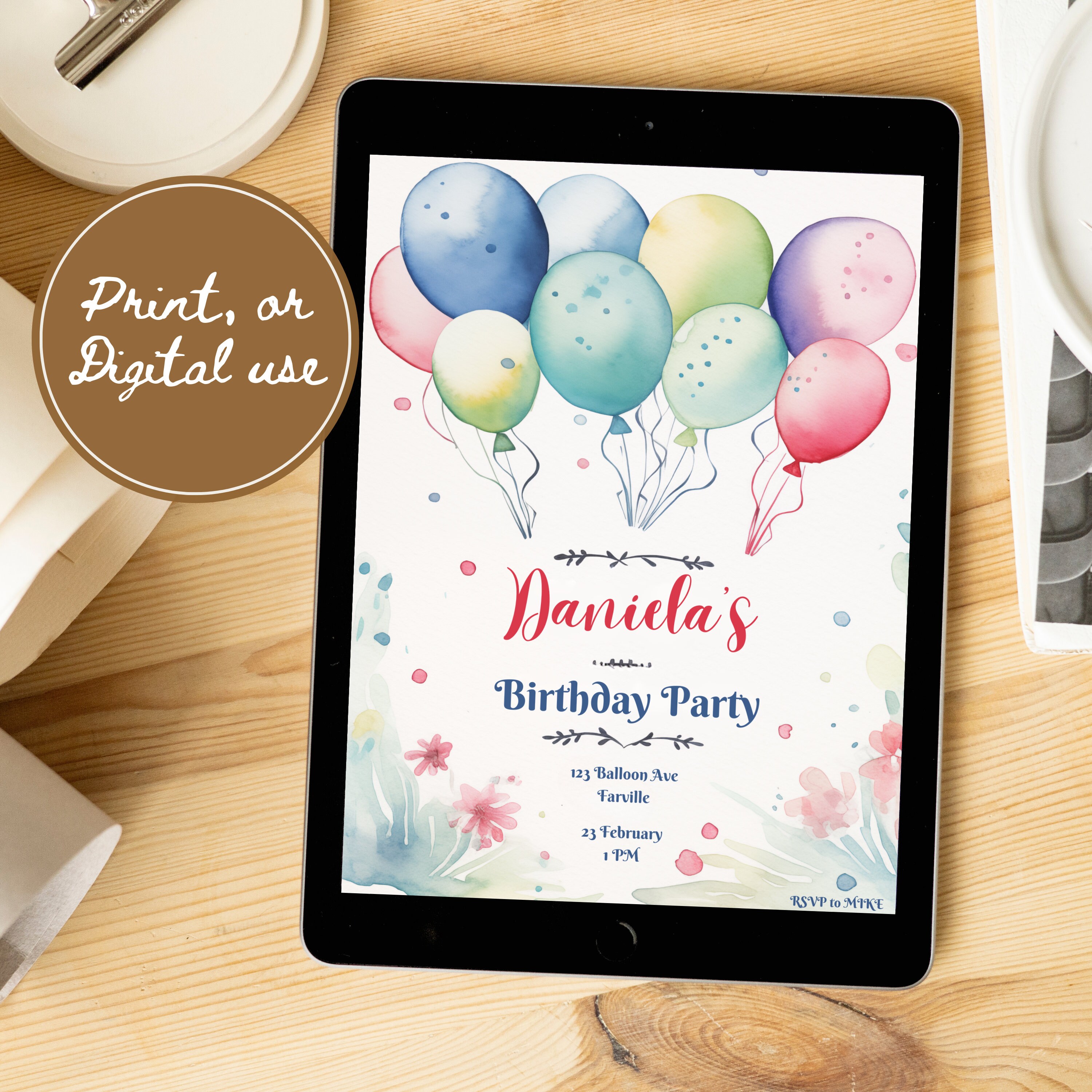 Balloon Birthday Invitation Template, Watercolor Birthday Invite, First ...