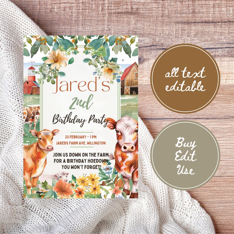 Editable Farm Birthday Invitation Card, Ranch Cow and Calf Birthday ...