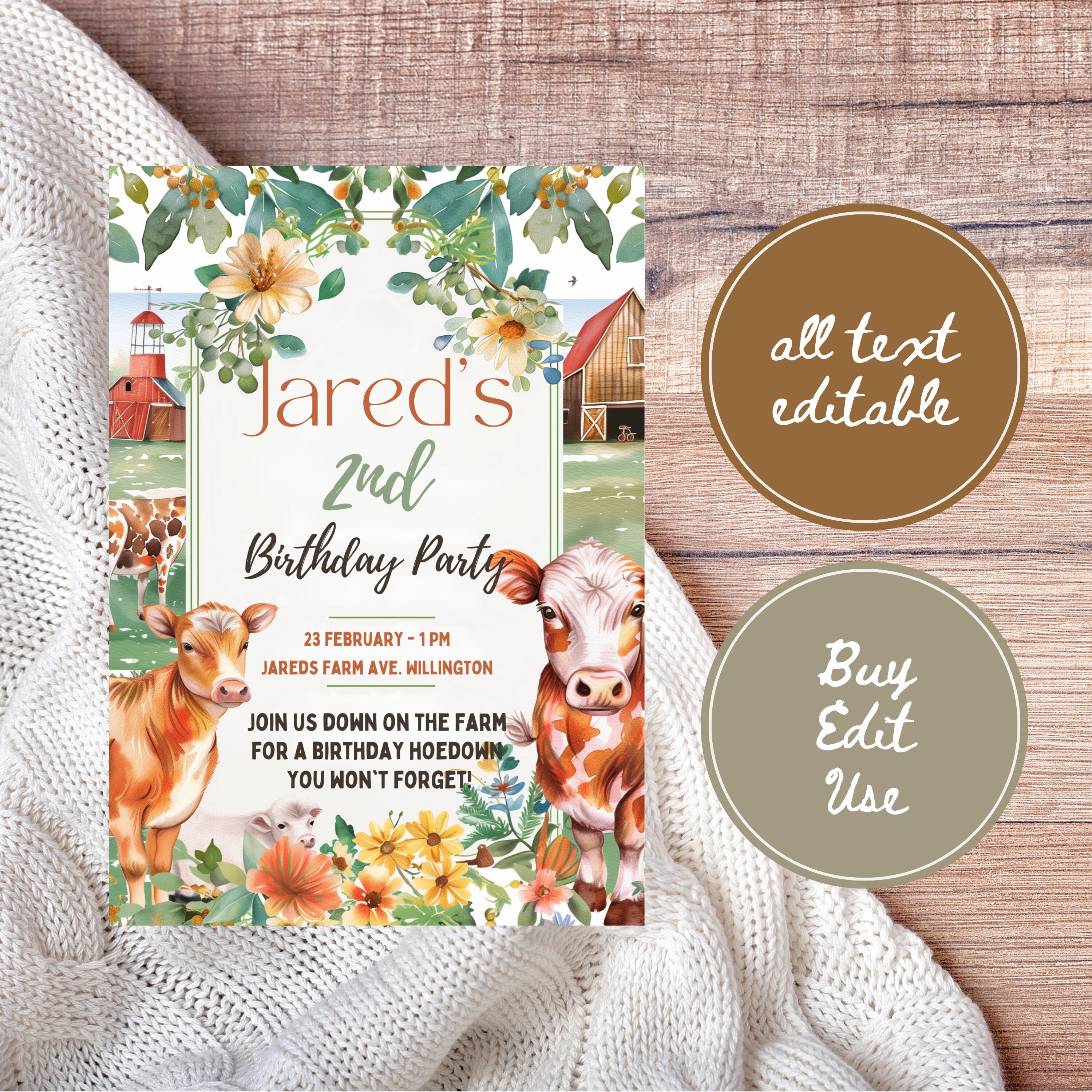 Editable Farm Birthday Invitation Card, Ranch Cow and Calf Birthday ...