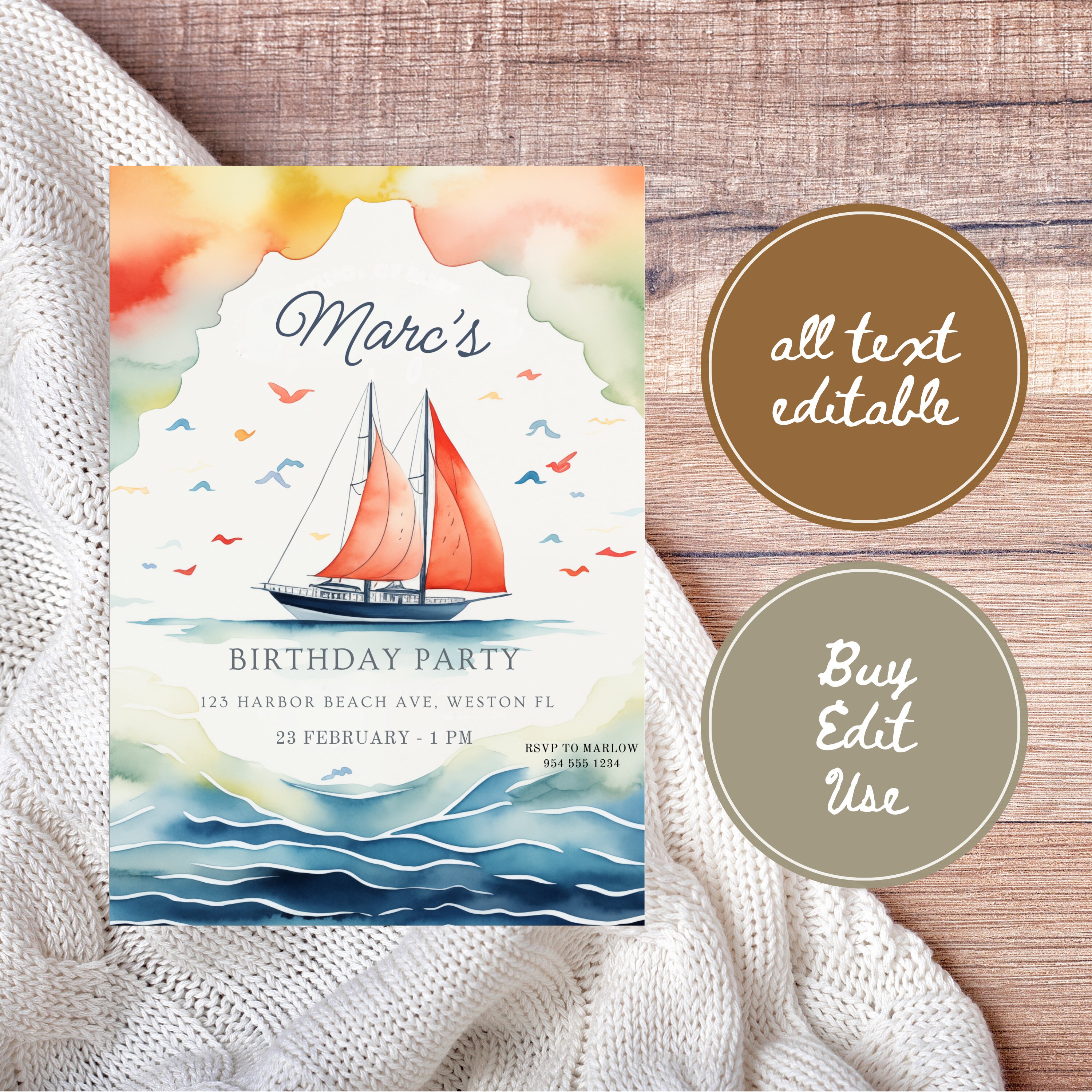 Personalized Watercolor Boat Birthday Invitation Template, Party at Sea ...