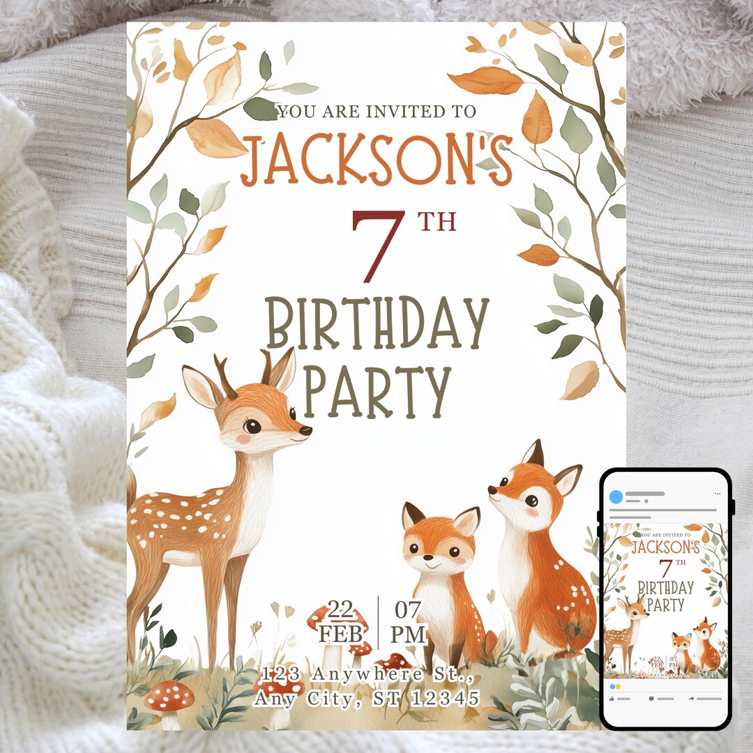 Woodland Animals Birthday Invitation, Kids Party, Editable Digital ...