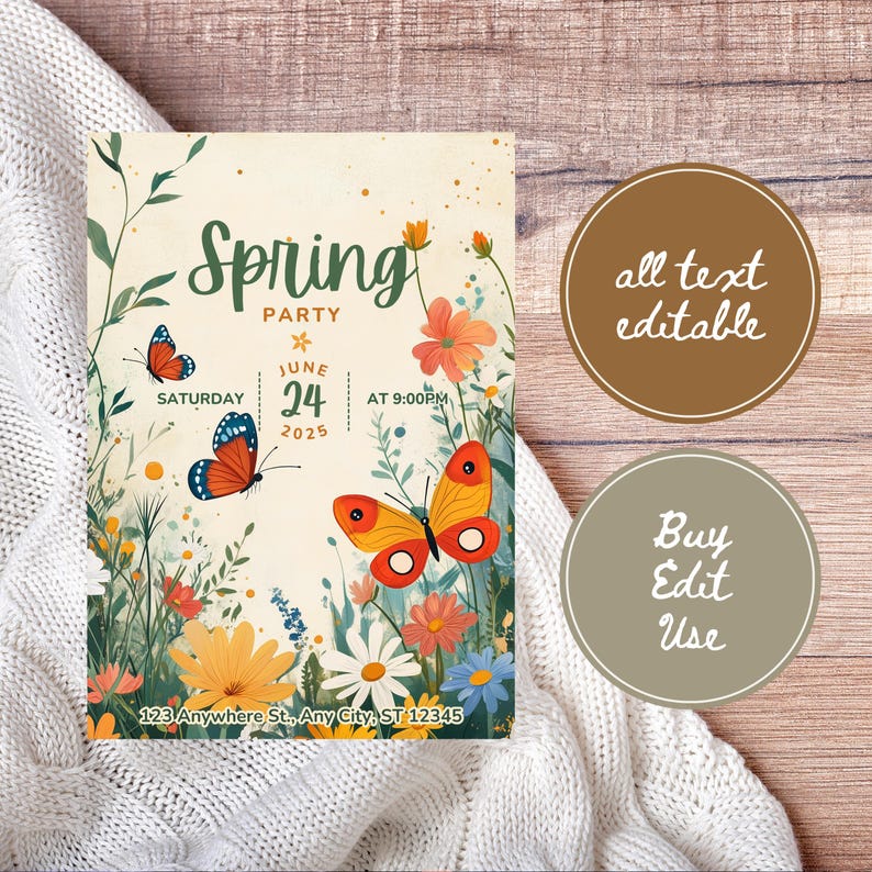Spring Party Invitation, Editable Digital Template, Butterflies and ...
