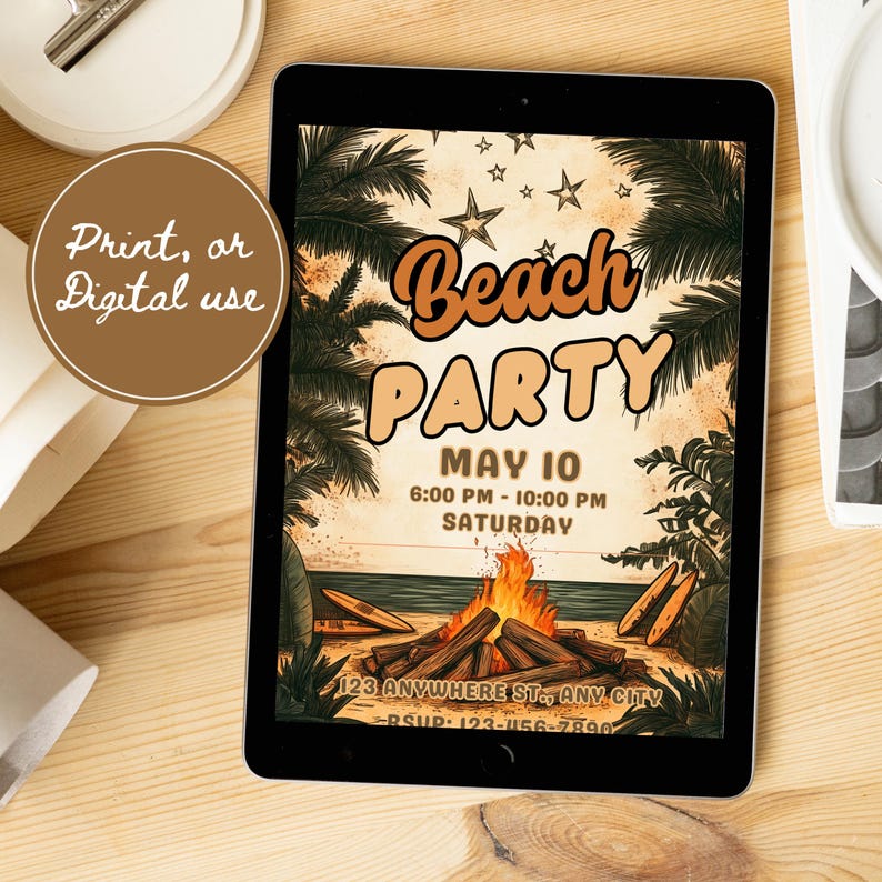 Tropical Bonfire Beach Party Invitation: Editable Surfboard Template ...