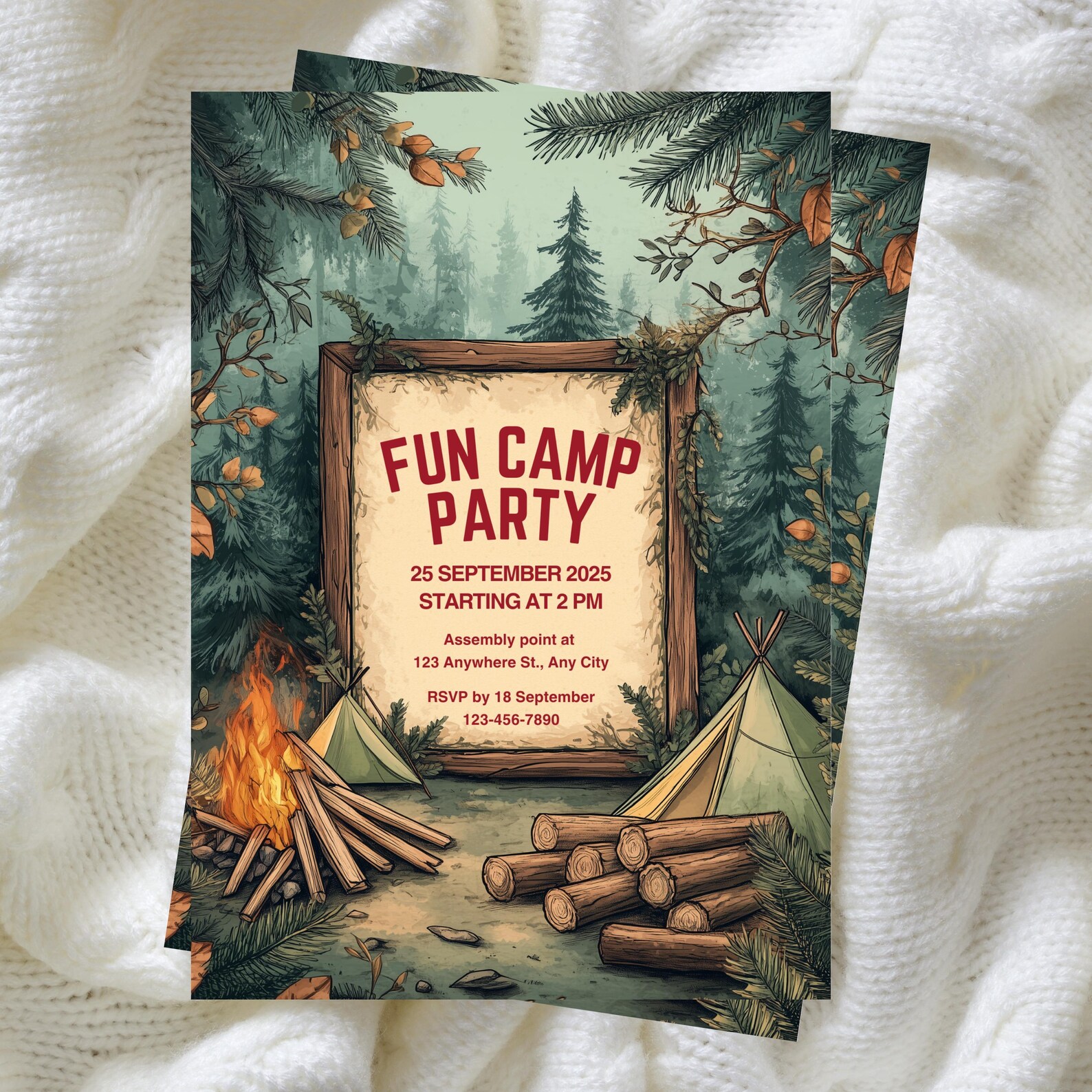 Fun Camp Party Invitation, Forest Adventure Theme, Tent and Campfire ...