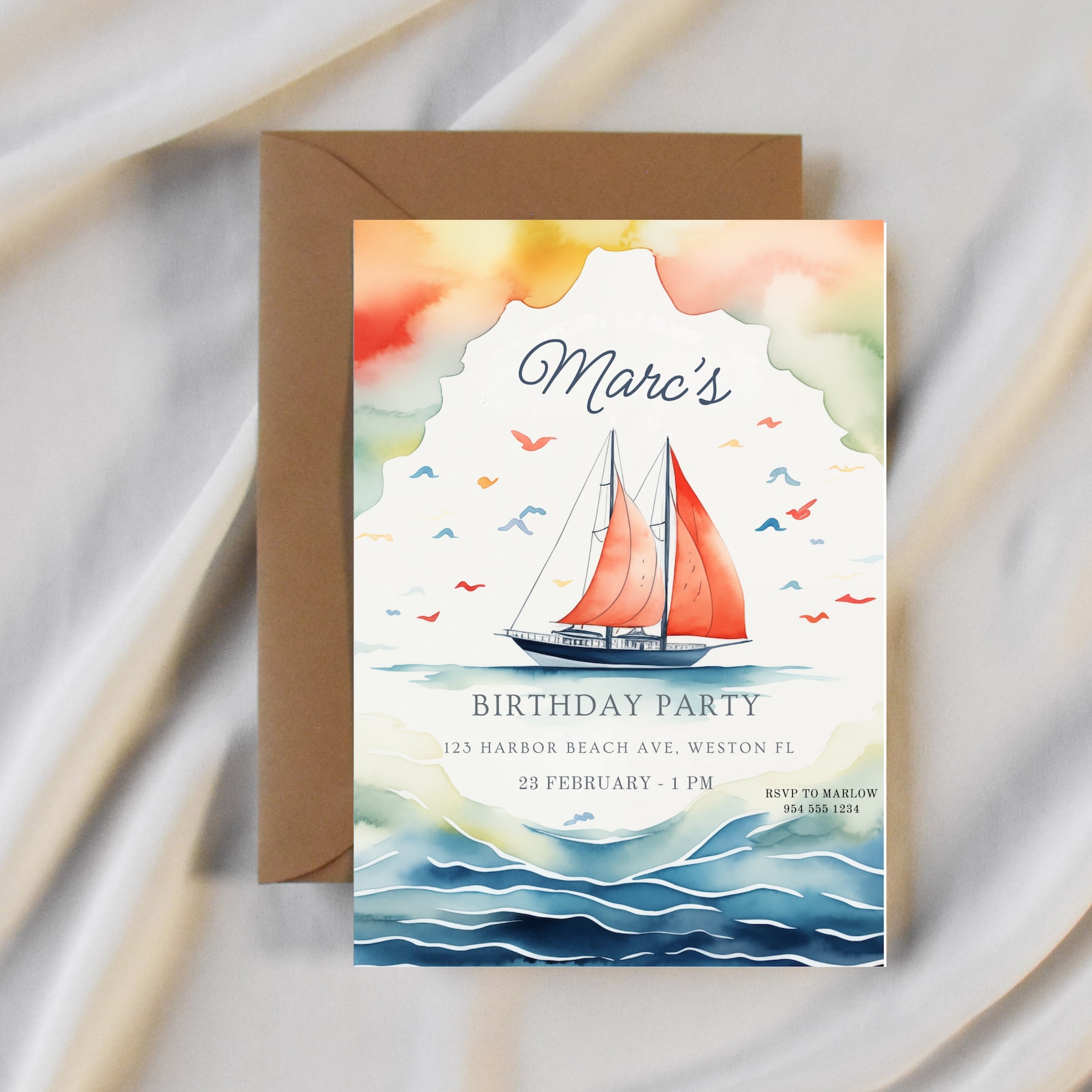 Personalized Watercolor Boat Birthday Invitation Template, Party at Sea ...