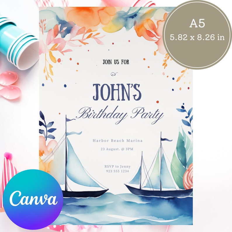 Nautical Watercolor Boat Birthday Party Invitation, Yacht Party ...
